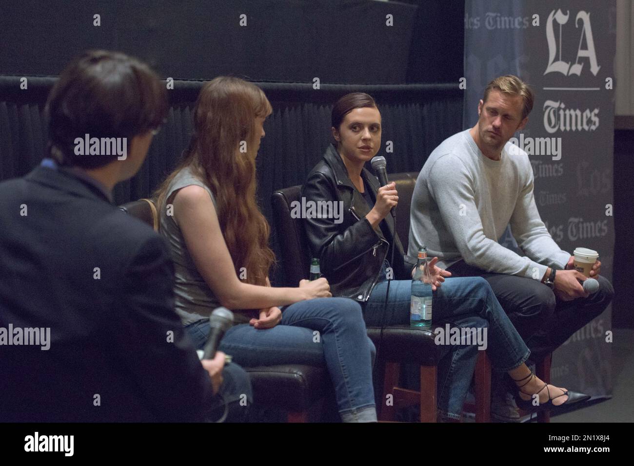 Moderator Mark Olsen, from left, Director Marielle Heller, Bel Powley ...