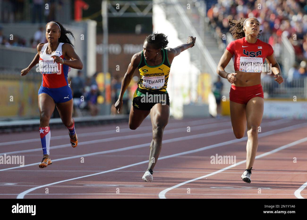 USA's Kaylin Whitney, right, Jamaica’s Kerron Stewart, center, and Cuba ...