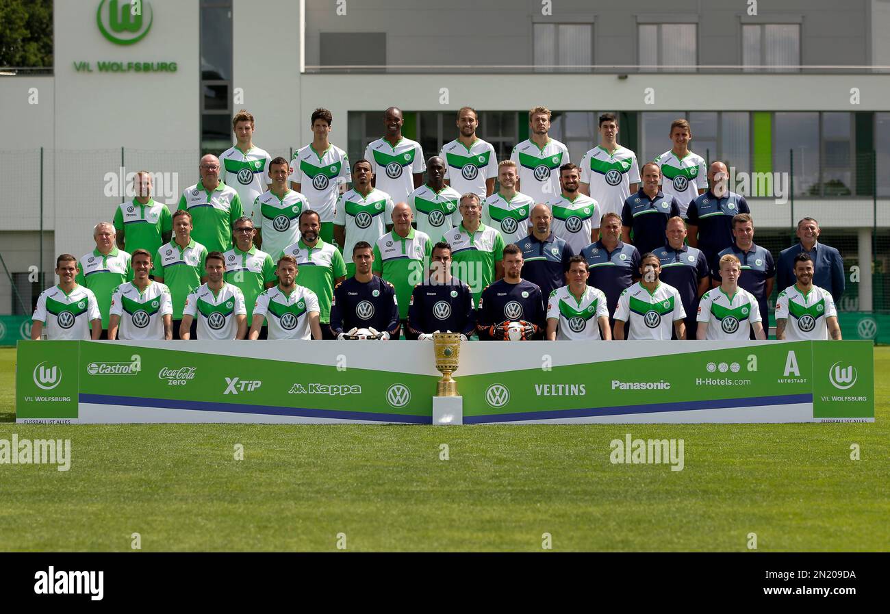 Players and staff members pose during the official team photo 2015/16 ...