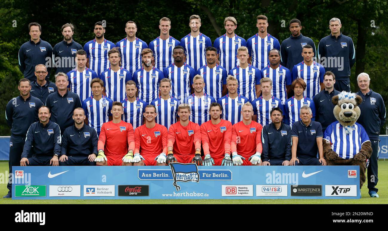 Players and staff members pose during the official team photo 2015/16 ...