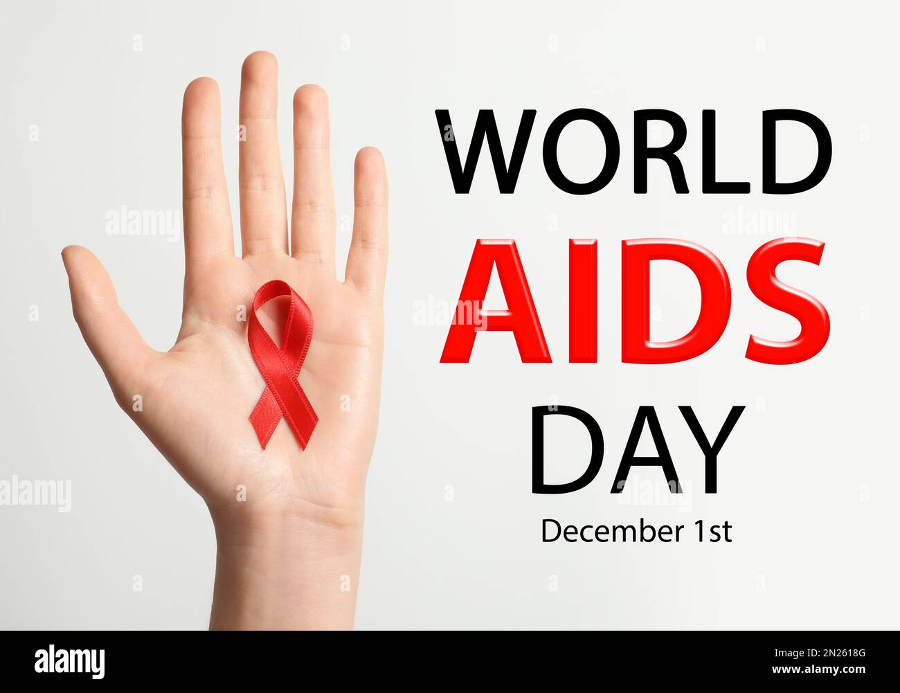 Poster zum Welt-Aids-Tag. Eine Frau, die ein rotes Farbband in der Hand ...