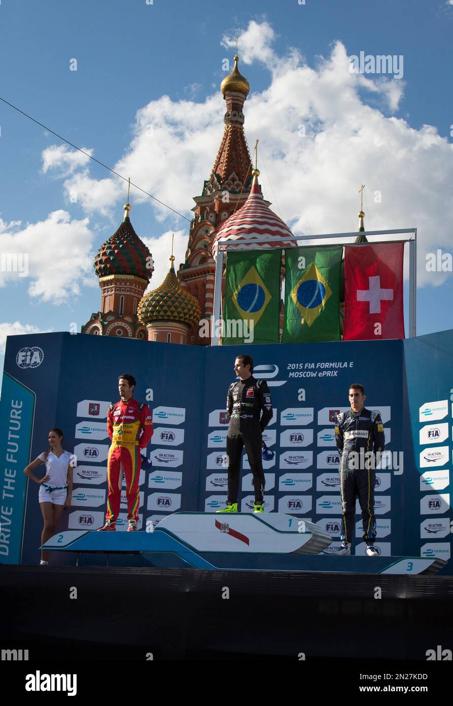 On the winner's podium for the Formula E auto race, with from the left ...