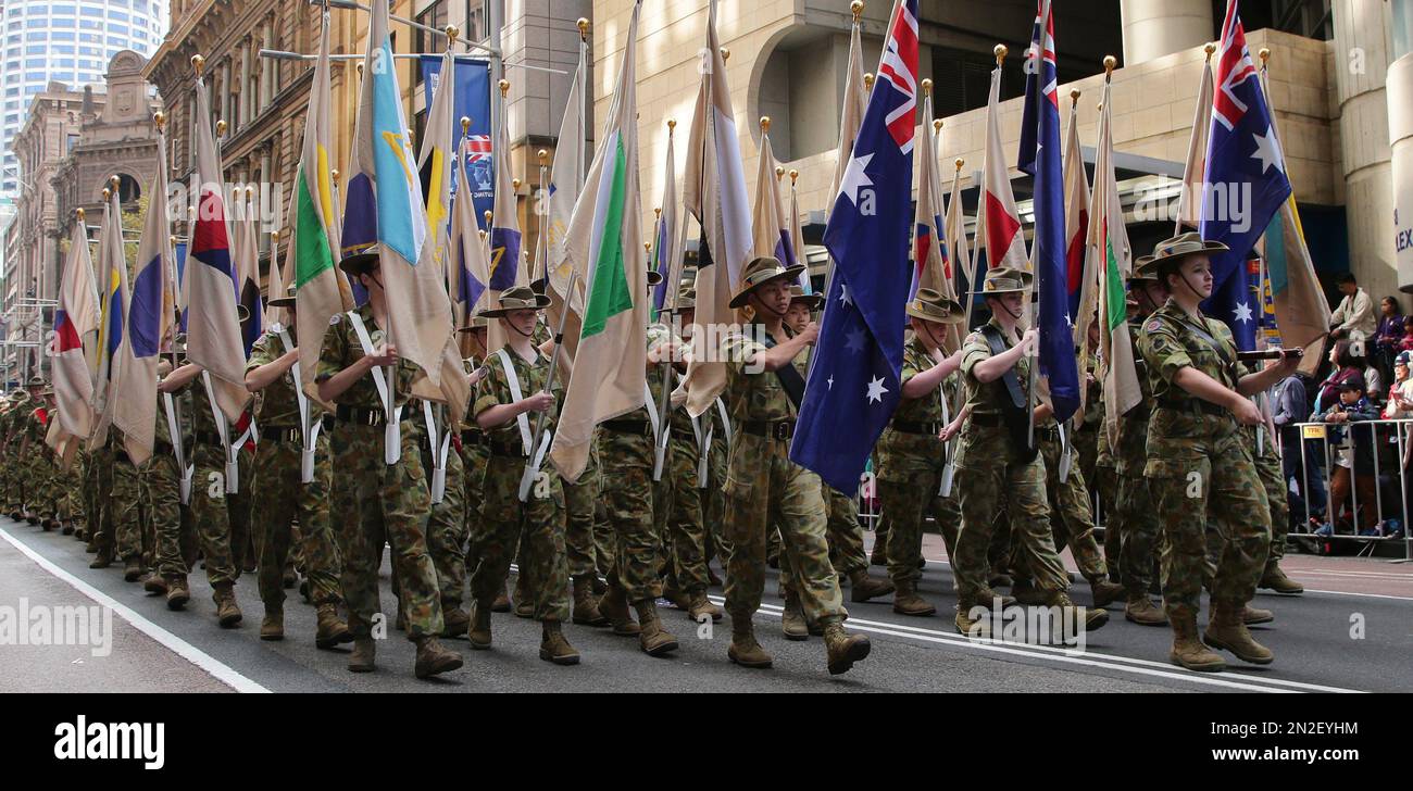 Army cadets carrying battle colors flags from all the WWl convicts ...