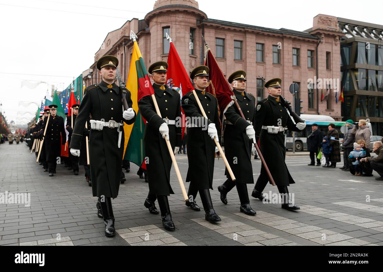 Lithuanian soldiers march during a celebration of Lithuania's ...