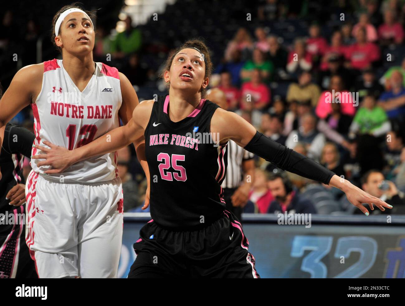 Wake Forest forward Dearica Hamby, right and Notre Dame forward Taya ...