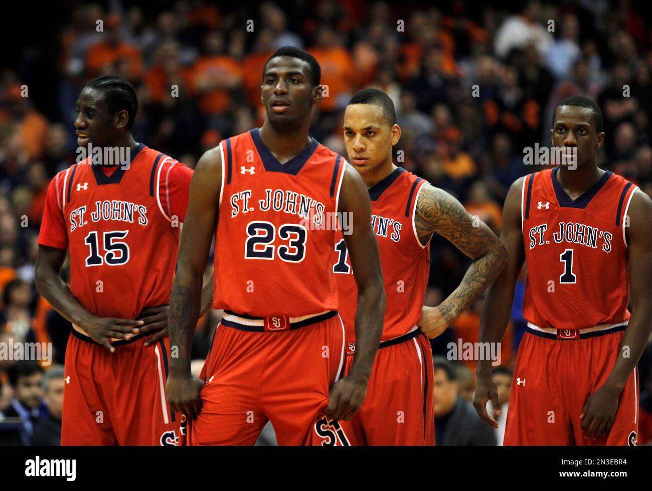 St. John’s Sir’Dominic Pointer, left, Rysheed Jordan, center front, D ...