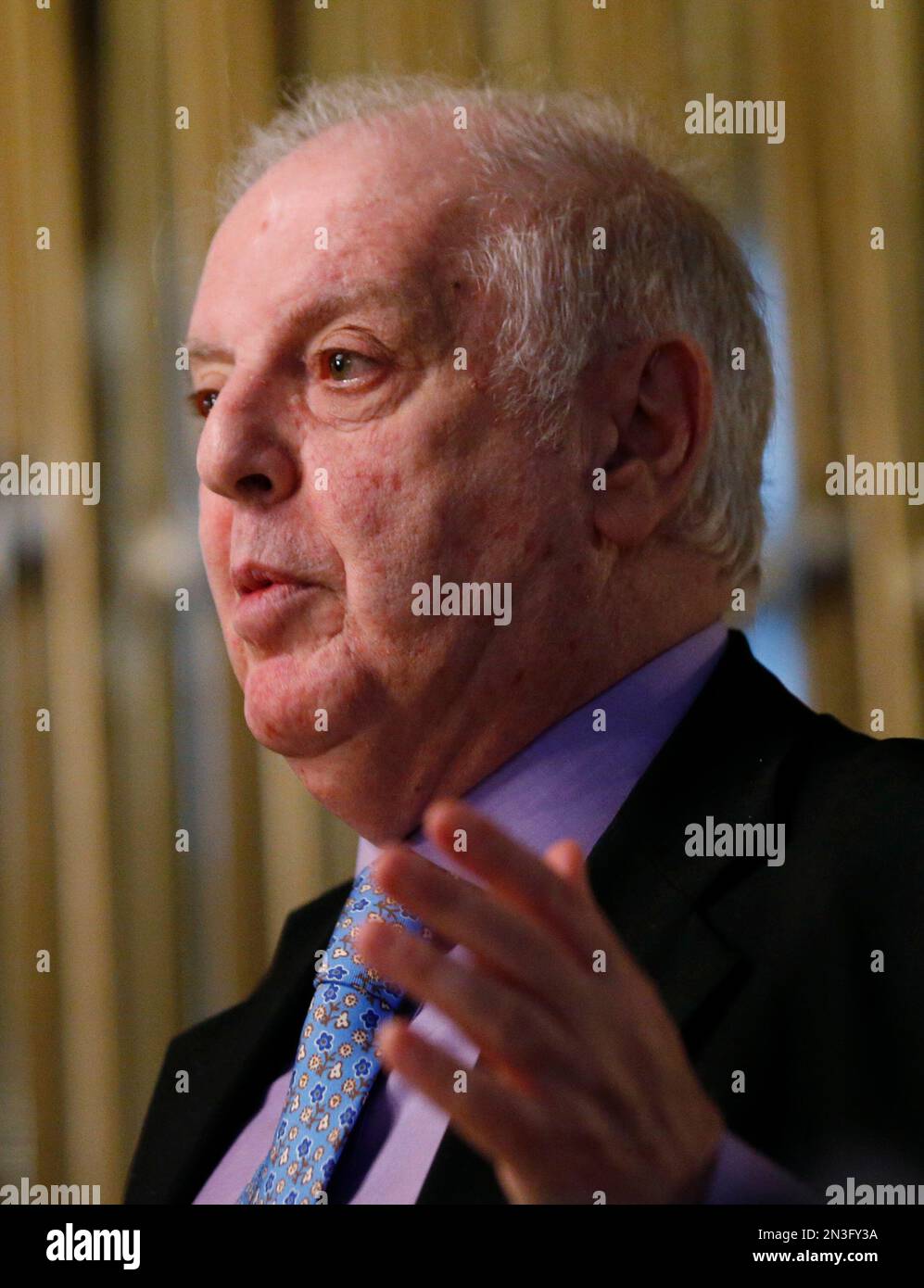 Argentine-born conductor Daniel Barenboim talks to the media during a ...