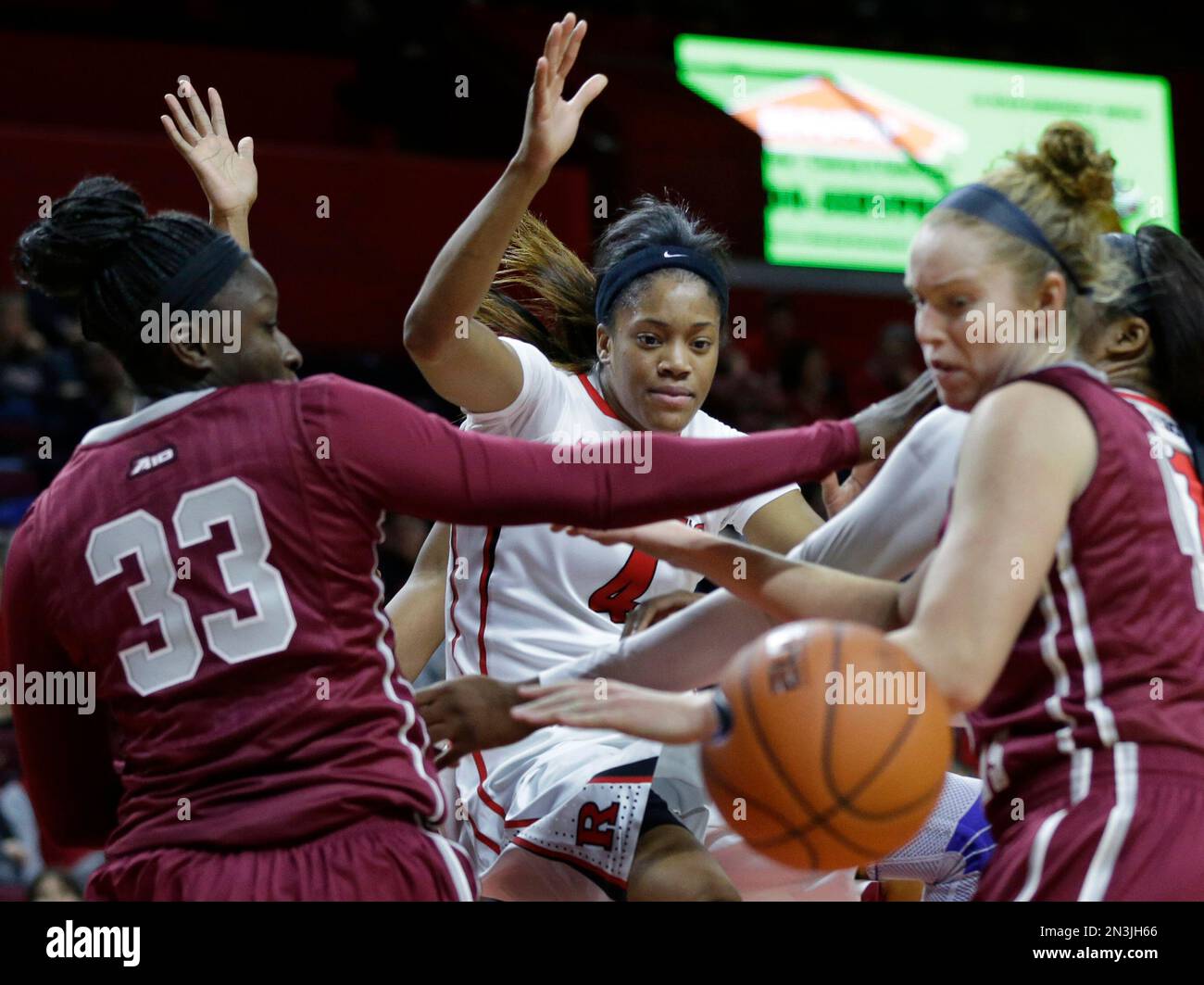 The ball gets away from Rutgers' Briyona Canty (4) as she is pressed by ...