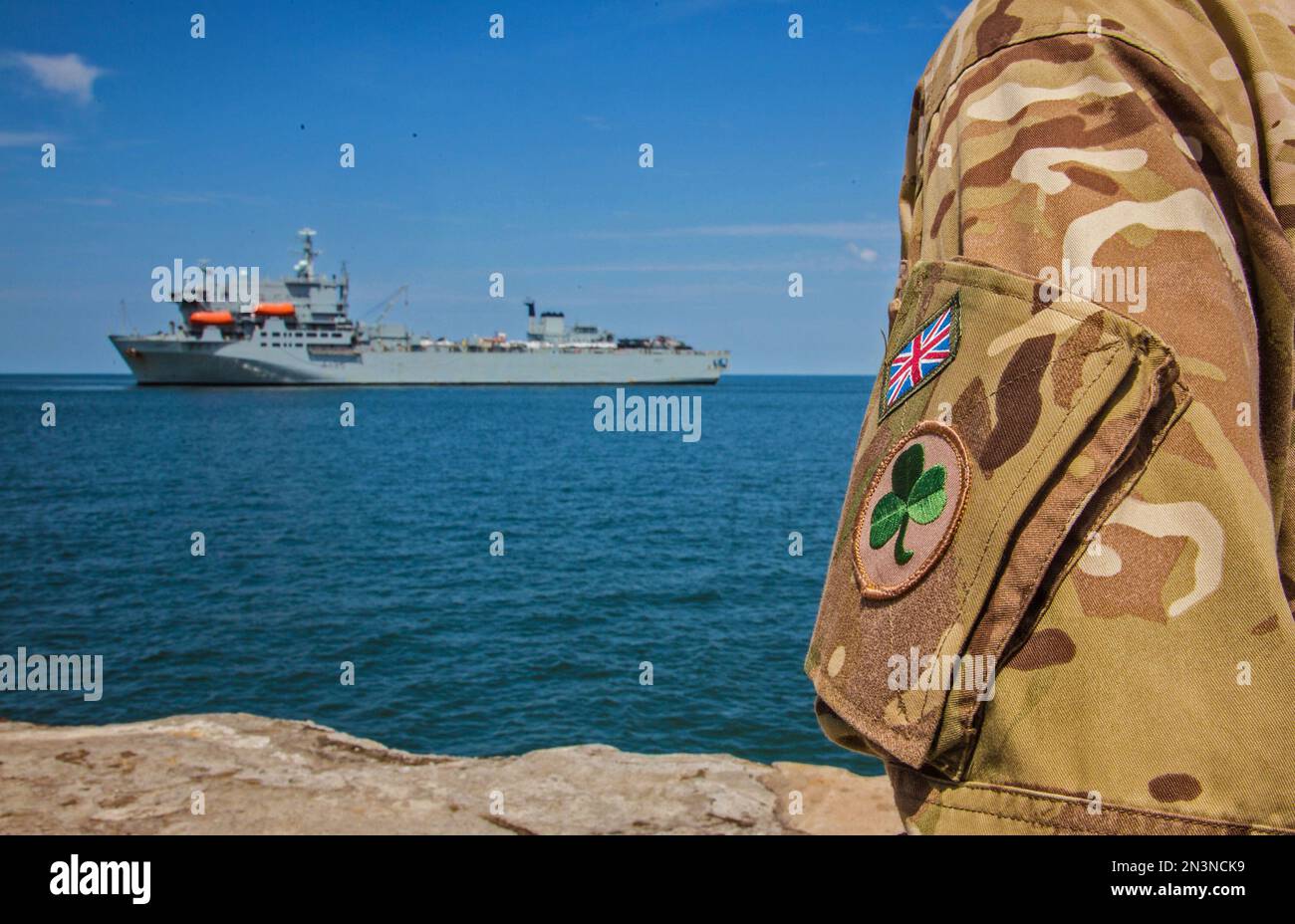 A member of British Forces watches as the RFA Argus approaches the port ...