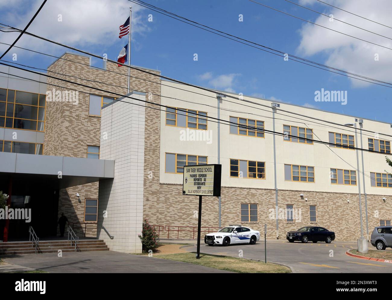 A Dallas Independent School District police vehicle sits out front of ...