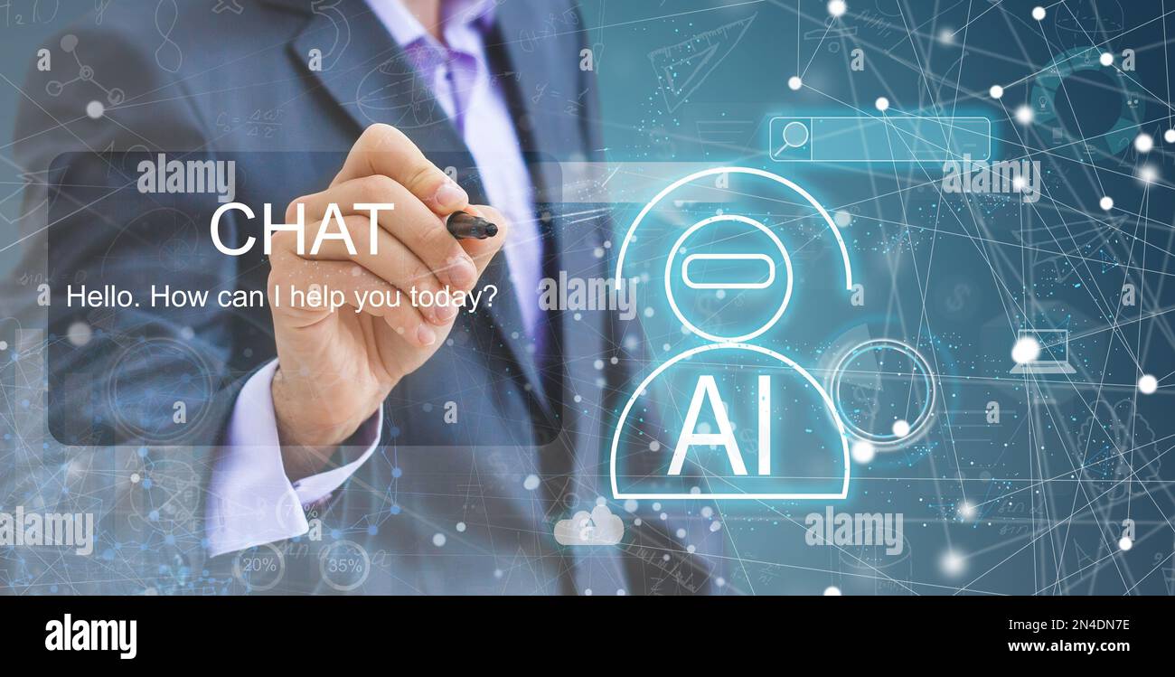 Geschäftsmann, der Chatbot in der Smartphone Intelligence Ai.Chat GPT ...