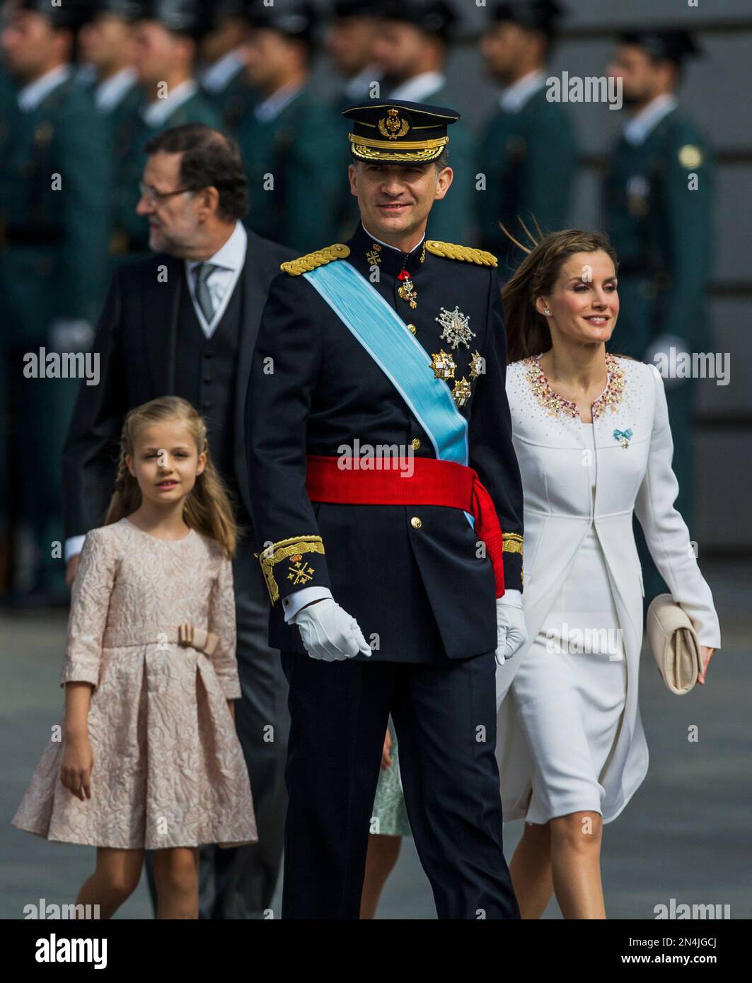 Spain’s newly crowned King Felipe VI, center, Queen Letizia, right, and ...