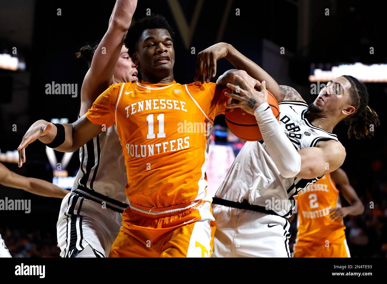 Tennessee forward Tobe Awaka (11) and Vanderbilt forward Myles Stute ...