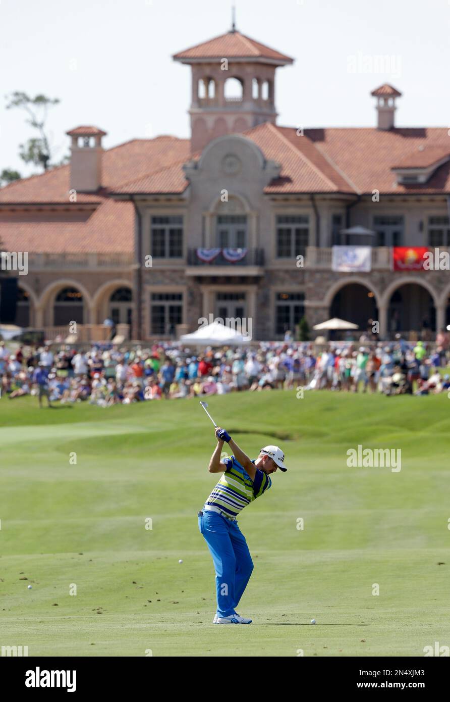 Jonas Blixt, of Sweden, hits from the 18th fairway to the green during ...