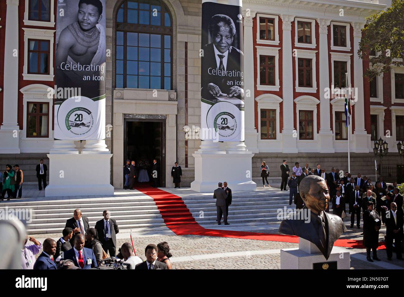 A bust of former South African President Nelson Mandela, right, after ...