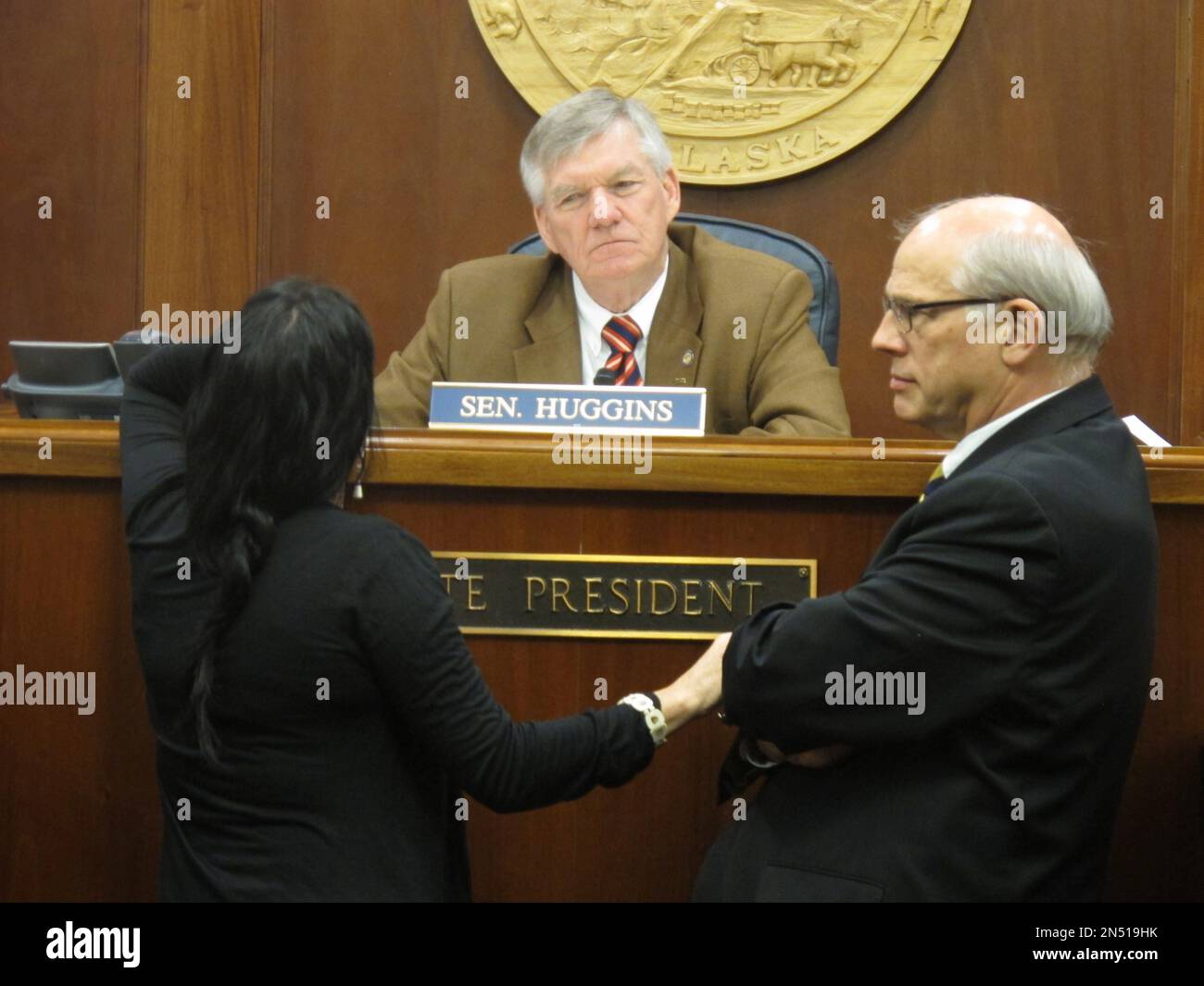 Sens. Lesil McGuire, left, and John Coghill, the majority leader, speak ...