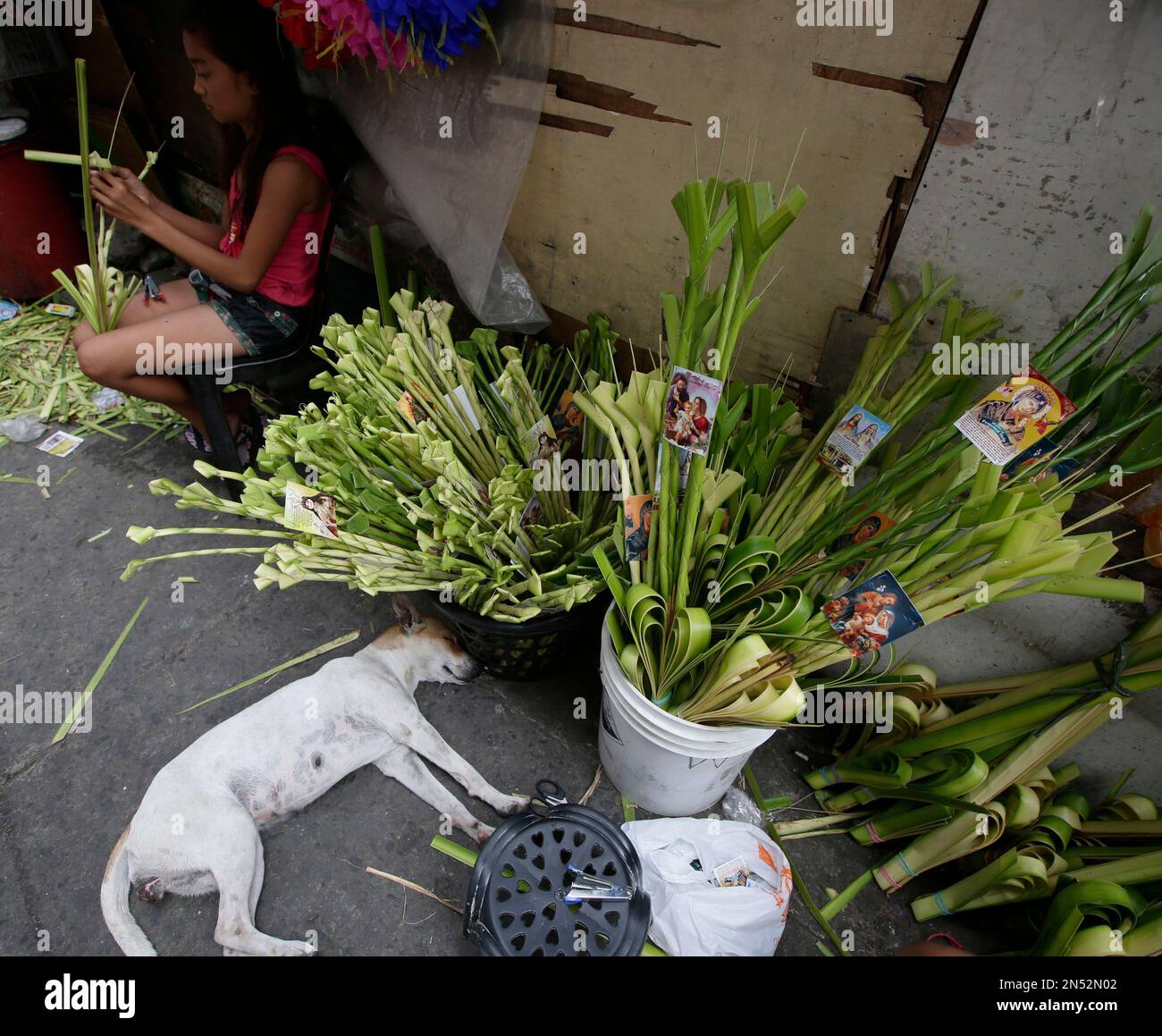 A Filipino makes palm fronds in their neighborhood near a Roman ...