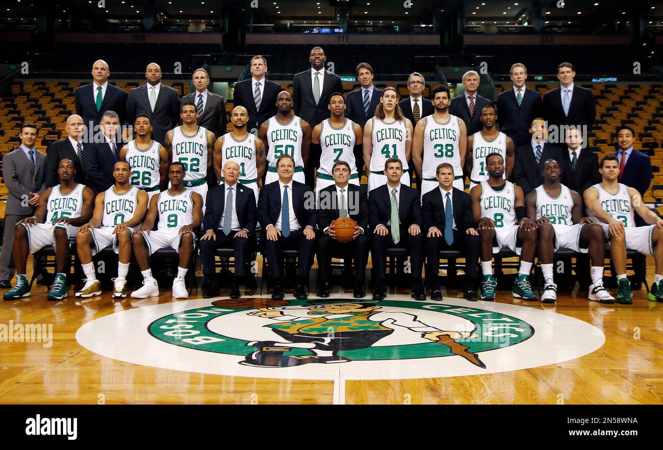 Members of the Boston Celtics pose for a team photo prior to a ...