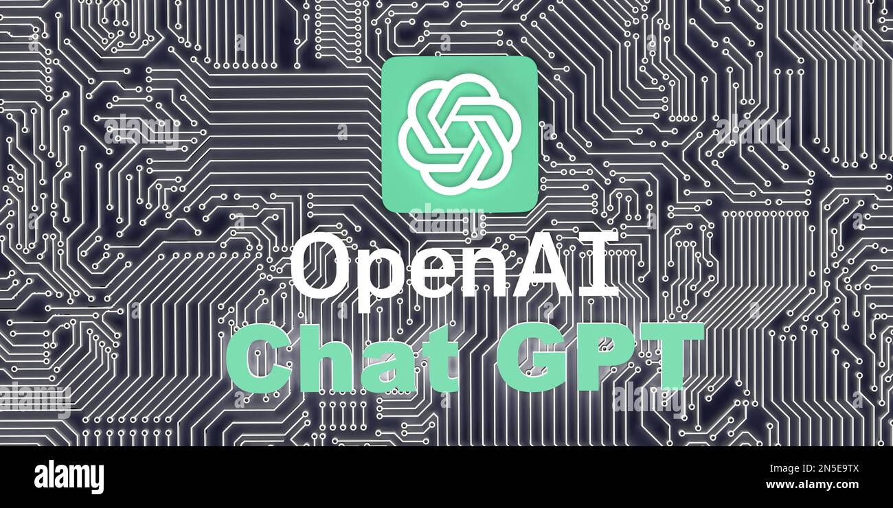 OpenAI-Logo ChatGPT-Text auf geometrischem CPU-Hintergrund ...