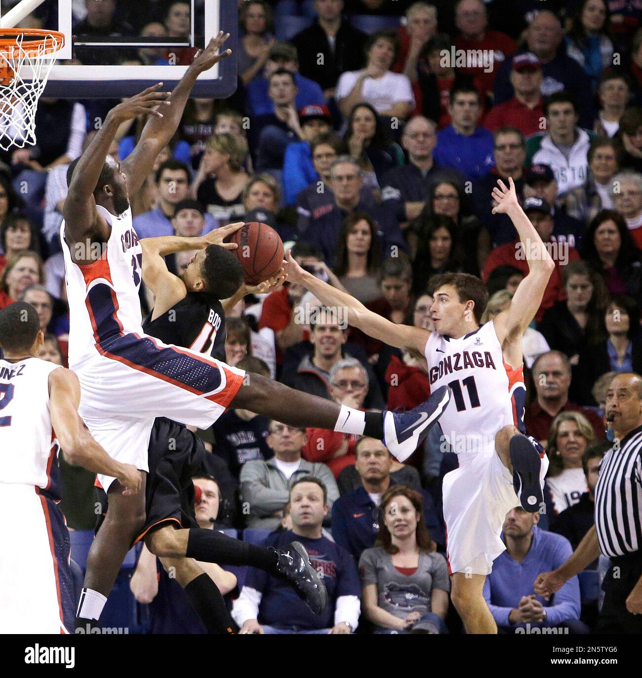 Pacific's Andrew Bock, center, attempts a layup against Gonzaga’s Sam ...