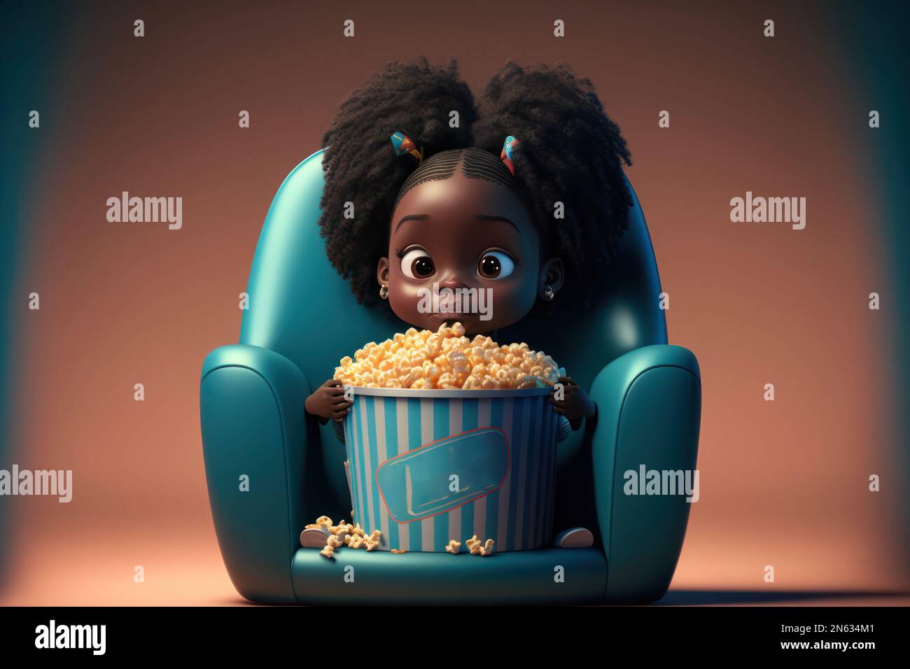 Kinder mit einem riesigen Eimer Popcorn auf dem Sitzplatz, die einen Film sehen. Kino-Konzept ...