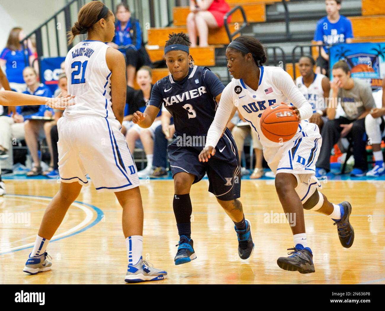 Duke's Alexis Jones, right, dribbles past Xavier guard Shatyra Hawkes ...