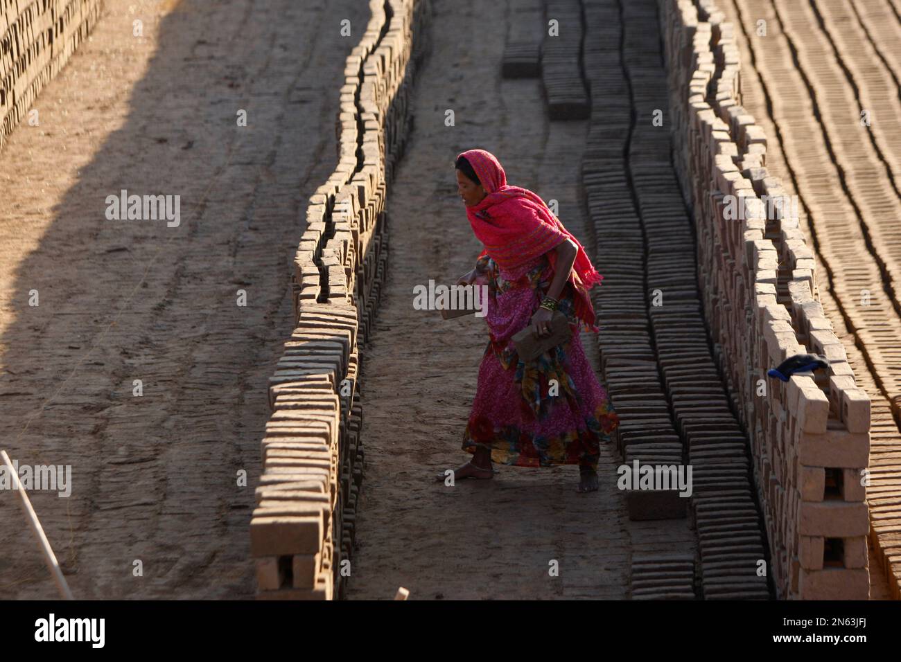 A woman laborer carries bricks at a brick kiln factory on the outskirts ...