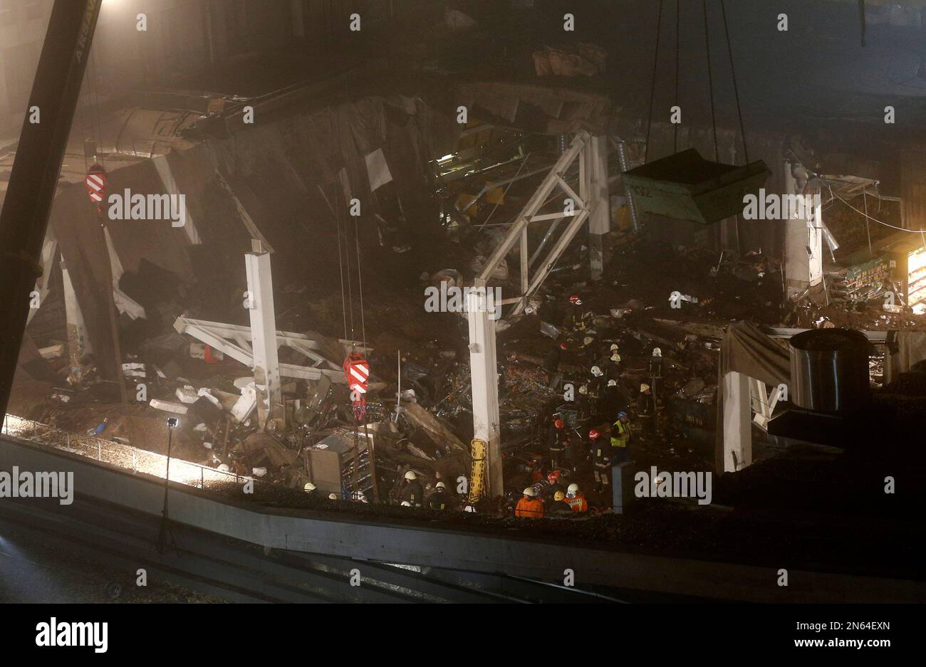 A view of collapsed Maxima supermarket in Riga, Latvia, Friday, Nov. 22 ...
