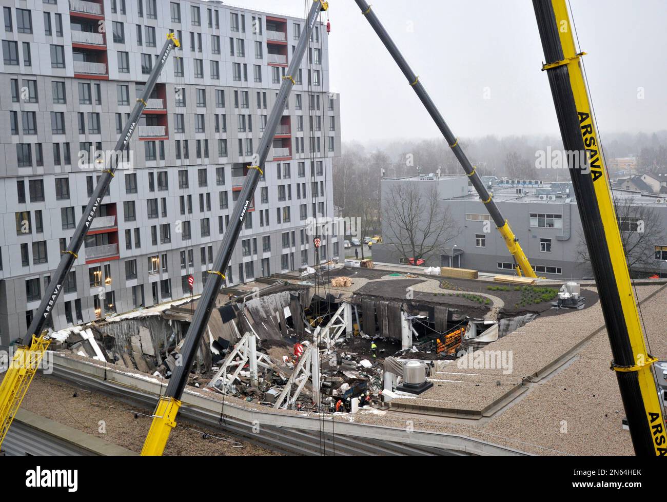 A view of collapsed Maxima supermarket in Riga, Latvia, Friday, Nov. 22 ...