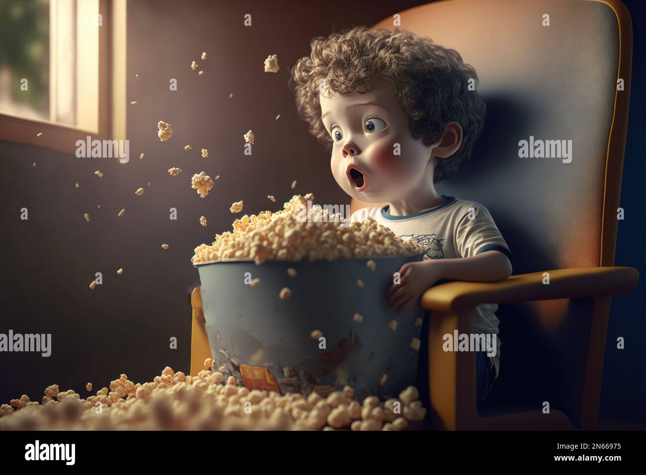 Kinder mit einem riesigen Eimer Popcorn auf dem Sitzplatz, die einen Film sehen. Kino-Konzept ...