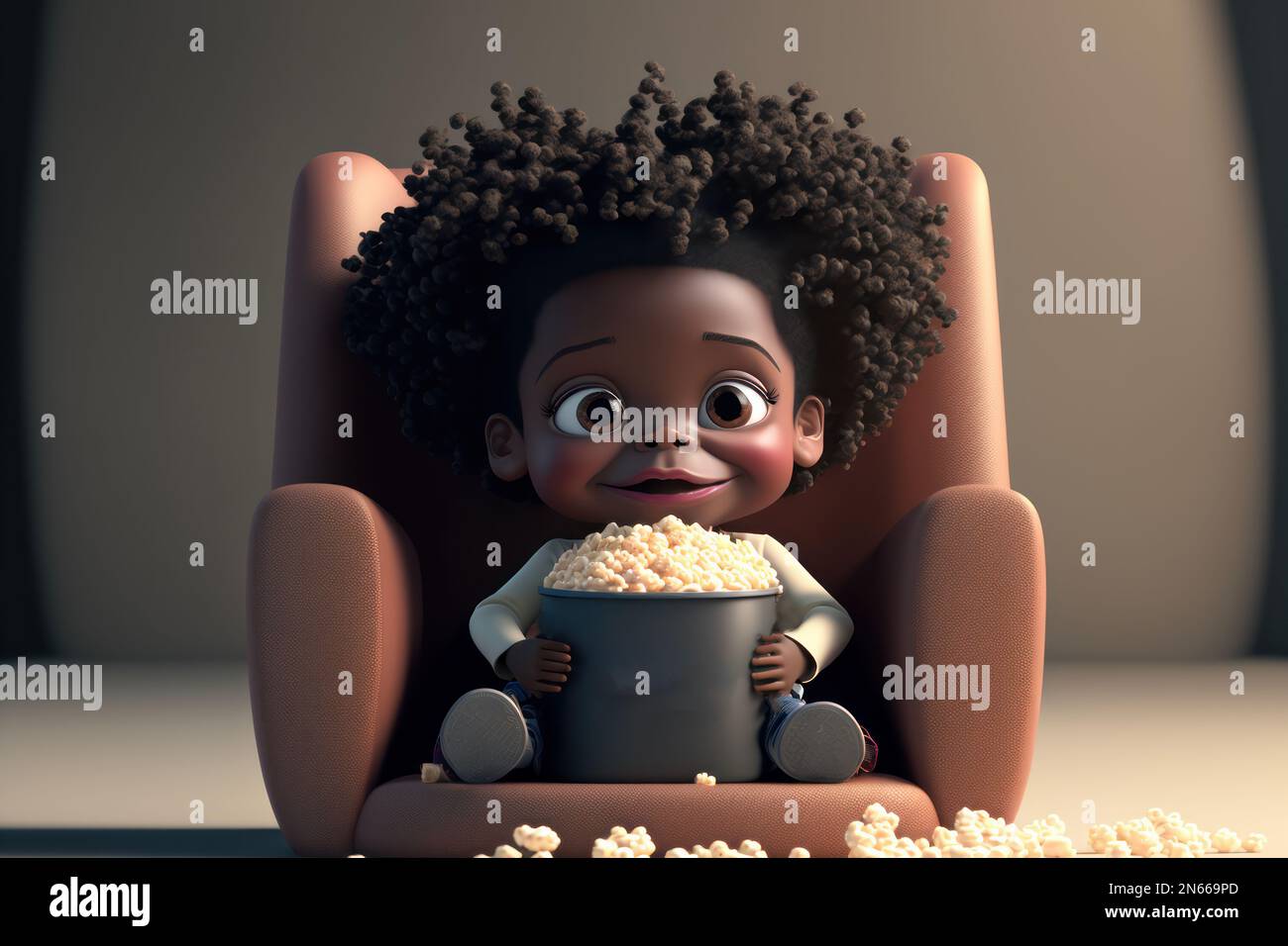 Kinder mit einem riesigen Eimer Popcorn auf dem Sitzplatz, die einen Film sehen. Kino-Konzept ...