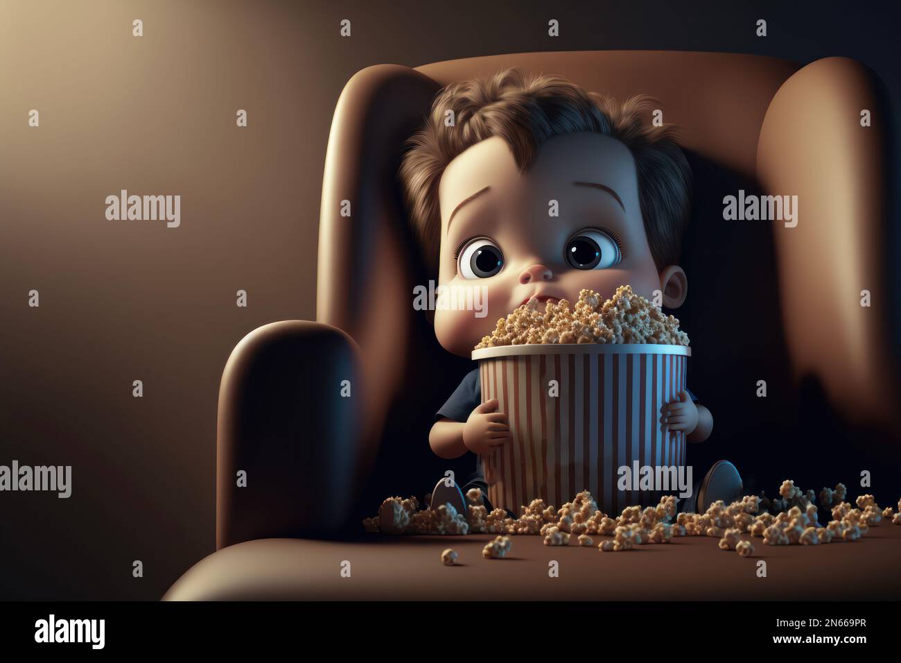 Kinder mit einem riesigen Eimer Popcorn auf dem Sitzplatz, die einen Film sehen. Kino-Konzept ...