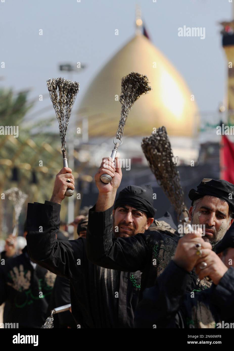 Shiite faithful worshippers beat themselves with chains as a sign of ...