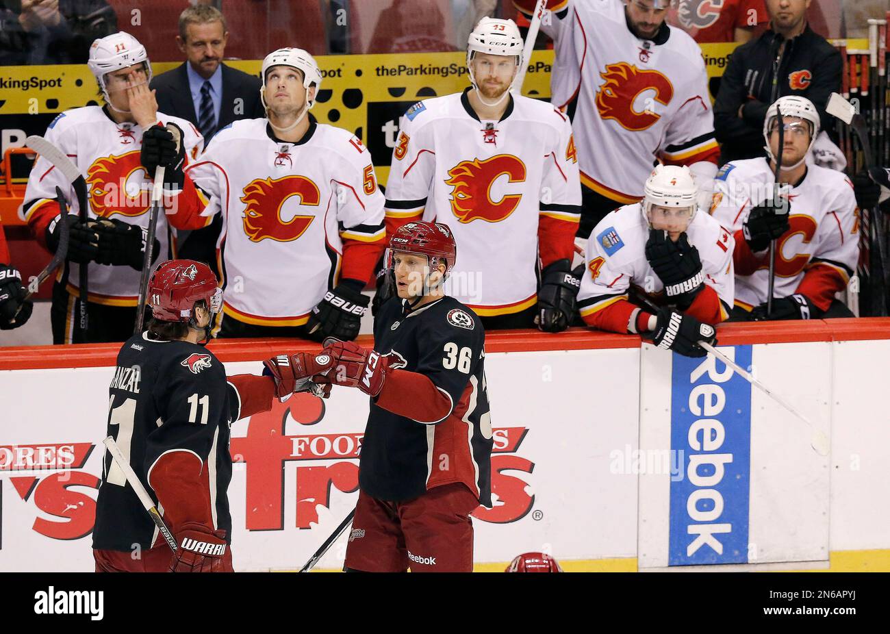 Phoenix Coyotes' Rob Klinkhammer (36) celebrates his empty net goal ...