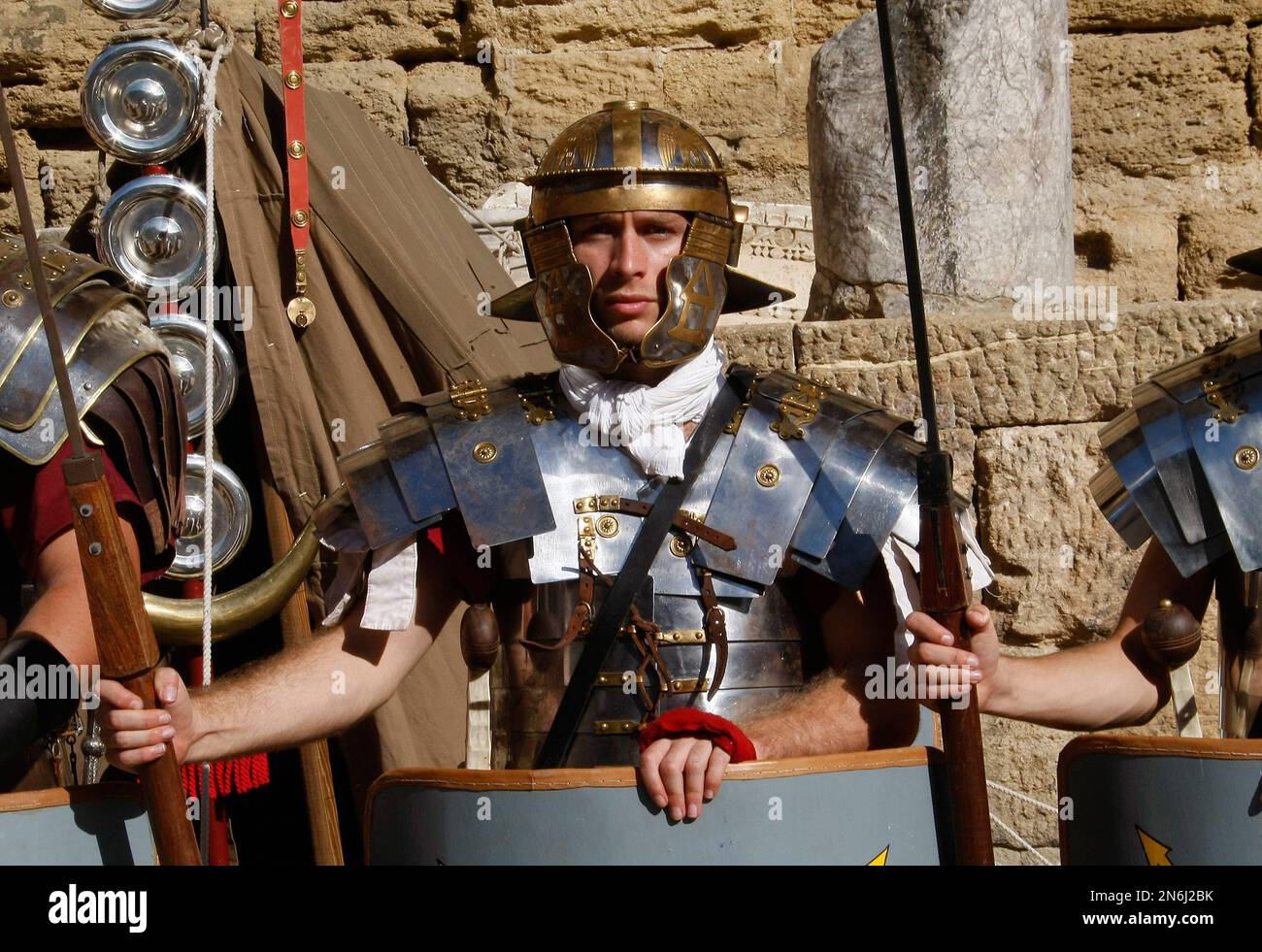Actor dressed like Roman Legionary, in action, during a demonstration ...