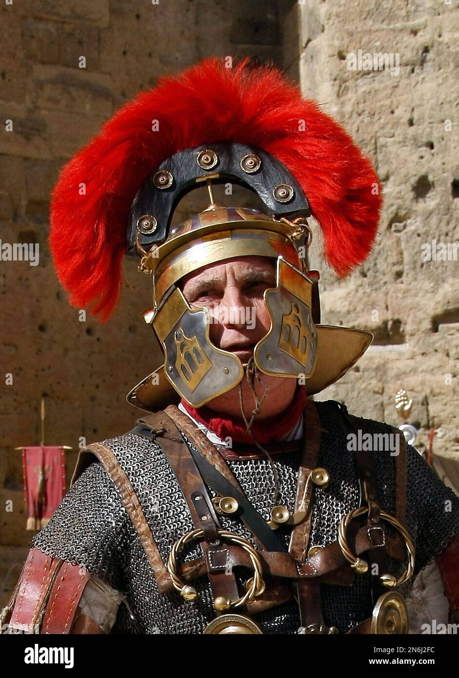 Actor dressed like Roman Legionary in action during a demonstration in ...