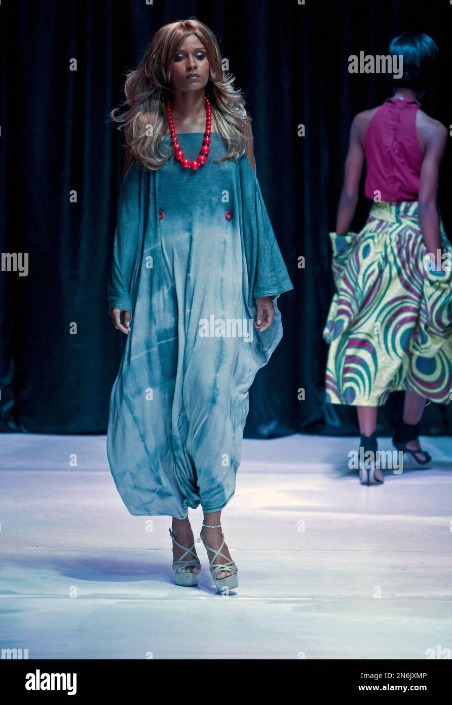 A model wears a creation by Haitian designer Malou Cadet during Fashion ...