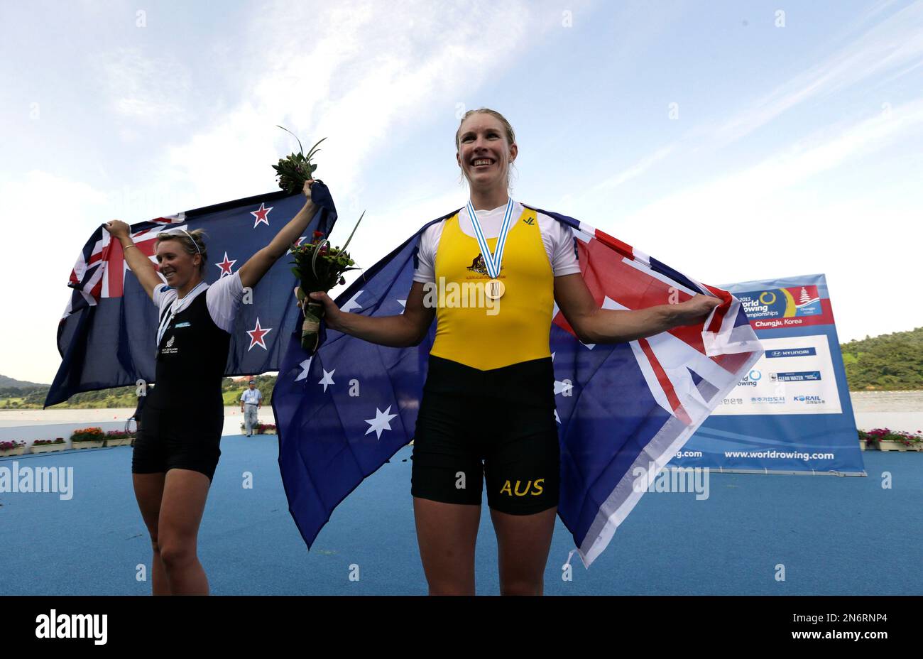Winner Kim Crow of Australia and silver medalist Emma Twigg of New ...