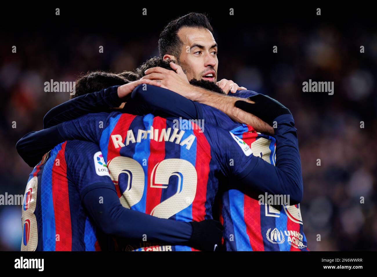 BARCELONA – 23. JANUAR: Barcelona-Spieler feiern ein Tor beim LaLiga ...