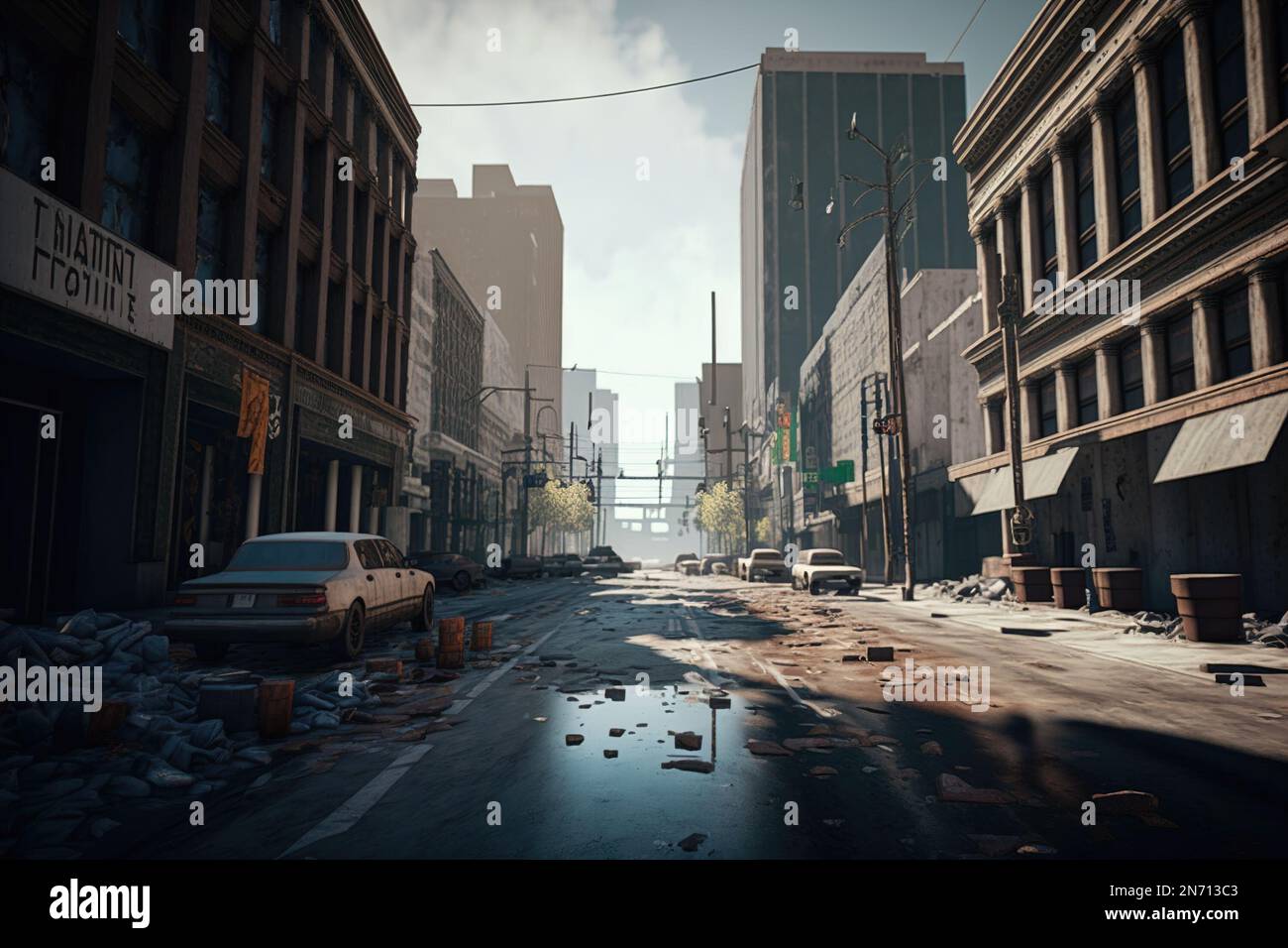 Verlassene Stadt nach der Apokalypse, leerer Straßenhintergrund ...