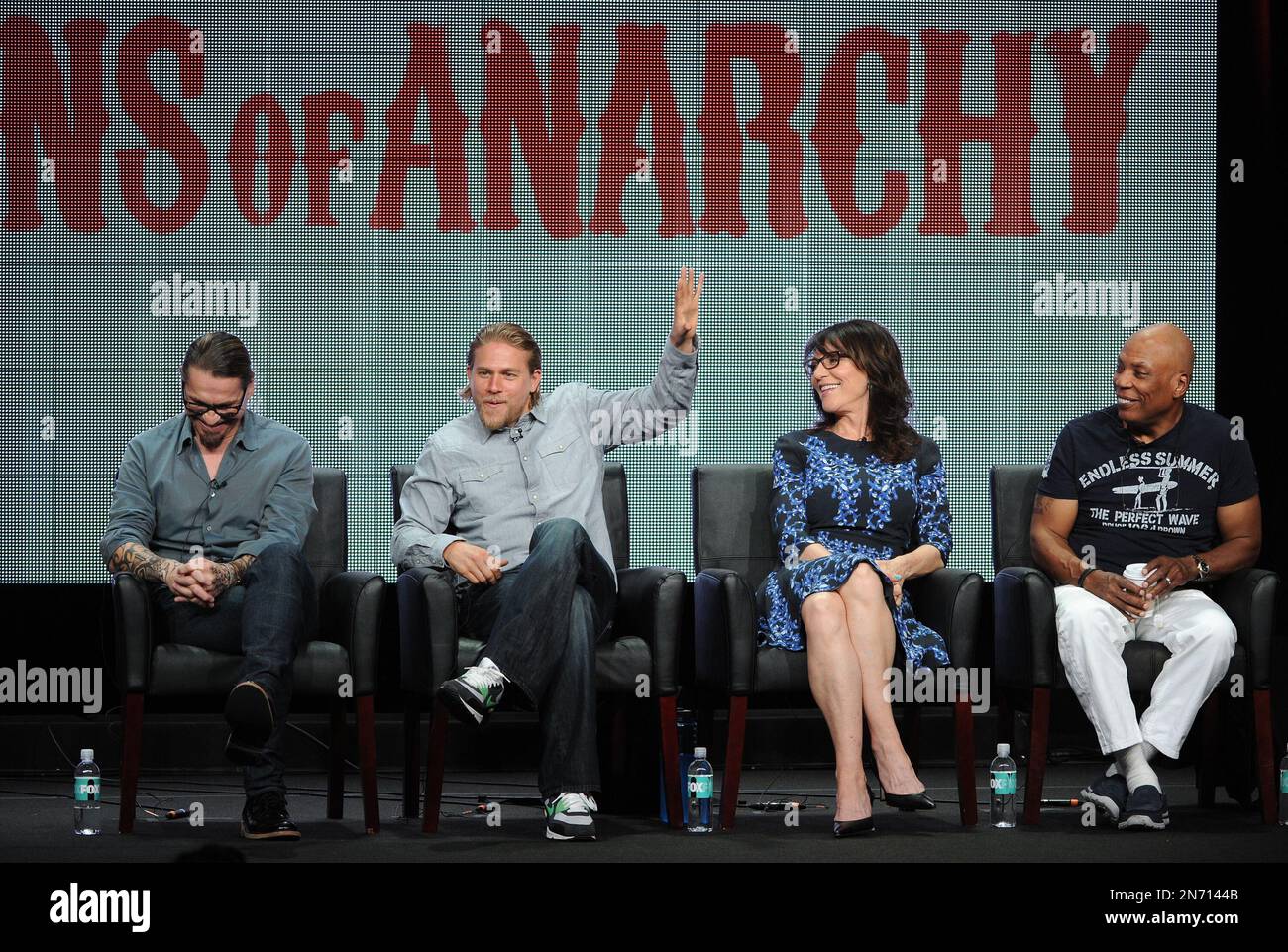 From left, creator/executive producer Kurt Sutter, actors Charlie Hunnam and Katey Sagal and ...