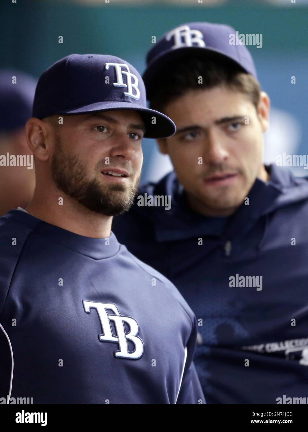 Newly acquired Tampa Bay Rays relief pitcher Jesse Crain, left, stands ...