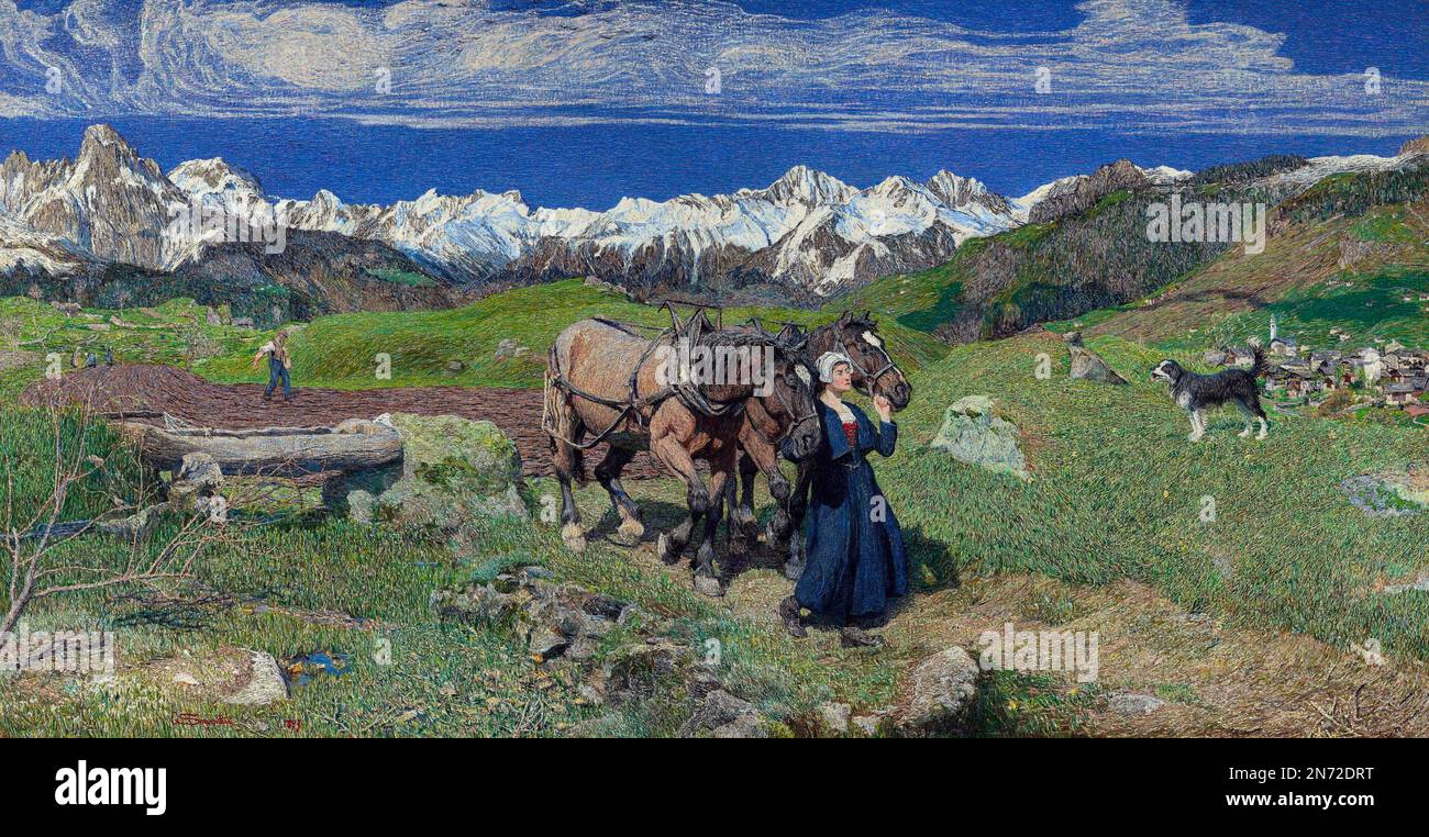 Giovanni Segantini. Gemälde mit dem Titel "Frühling in den Alpen" vom ...
