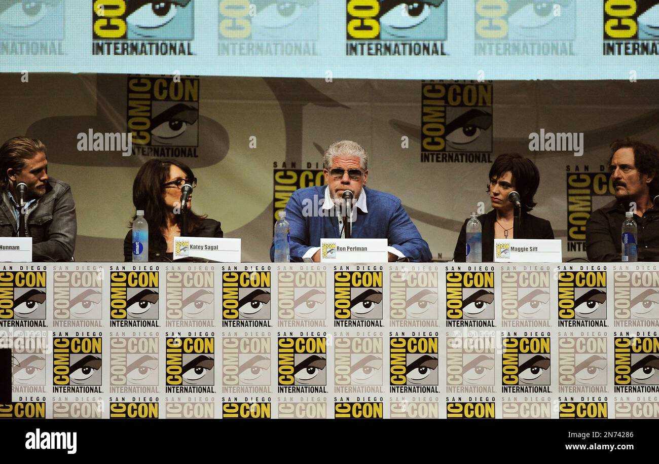 From top left, creator Kurt Sutter, director/producer Paris Barclay, actor Charlie Hunnam, Katey ...