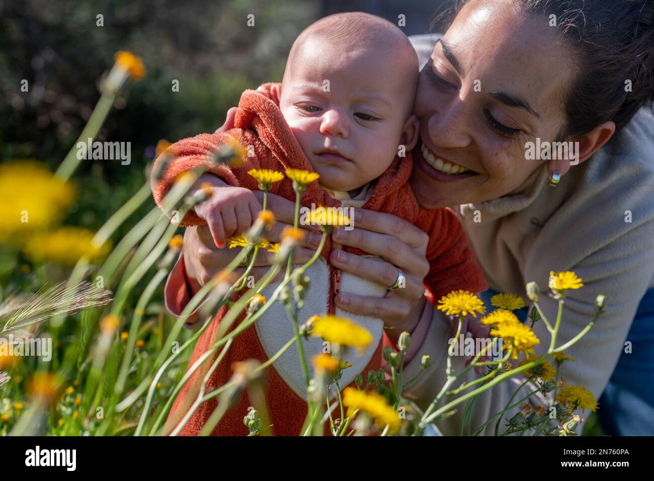 Eine junge lächelnde Mutter mit ihrem Baby auf dem Feld, die die gelben ...