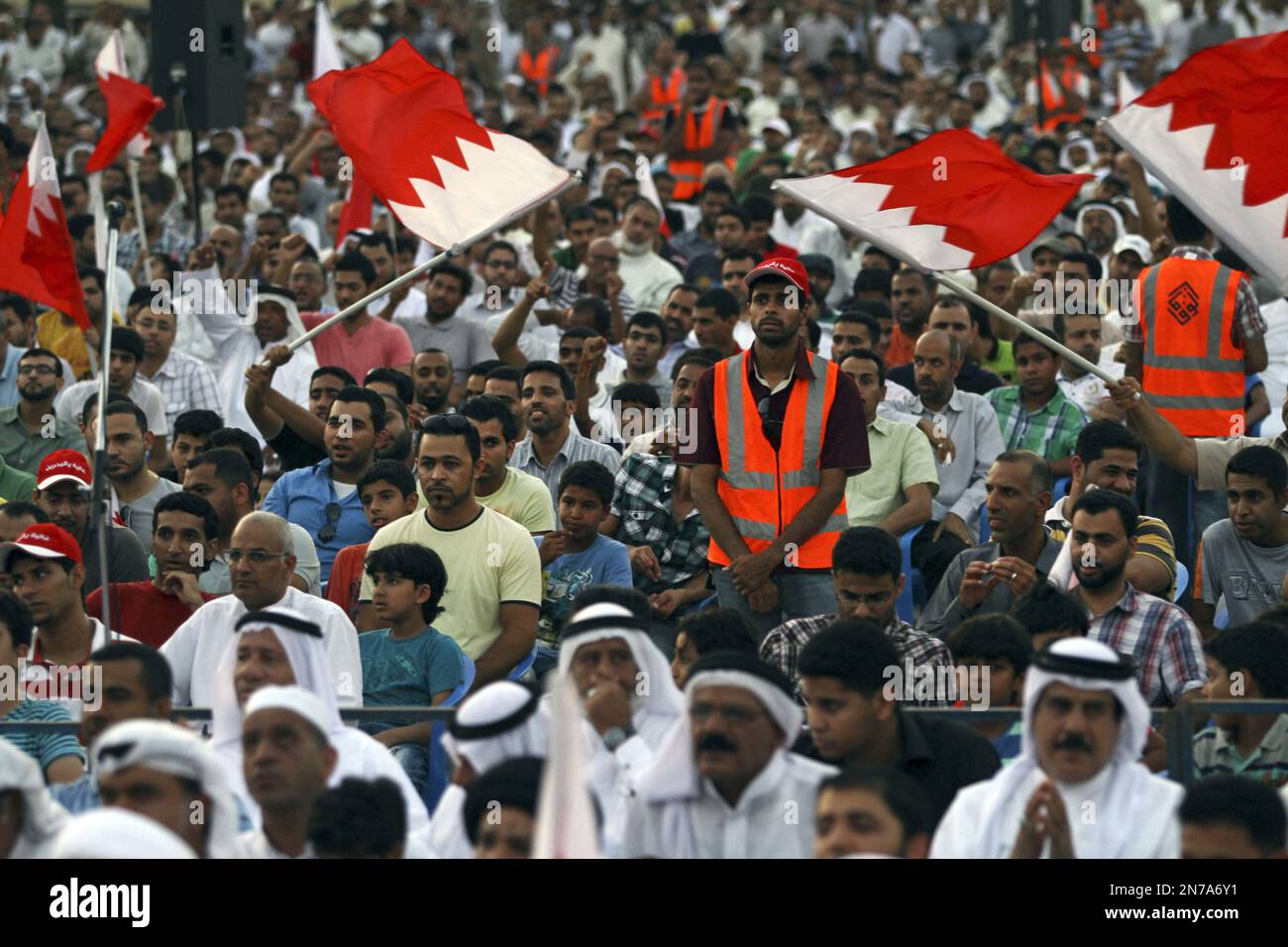 Bahraini anti-government protesters wave national flags during a rally ...