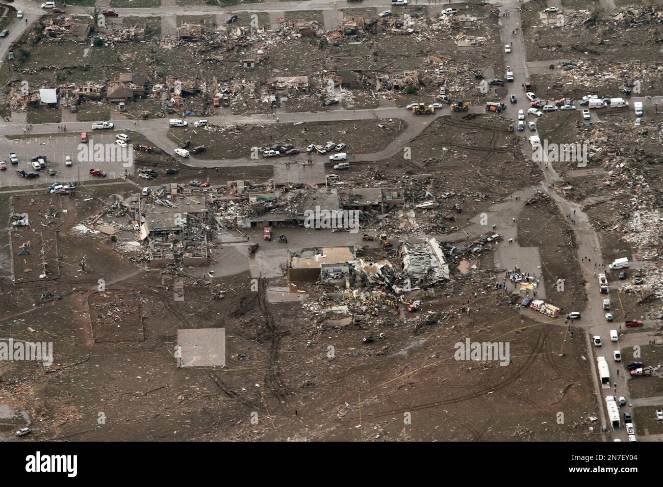 This aerial photo shows damage to Plaza Towers Elementary School after ...