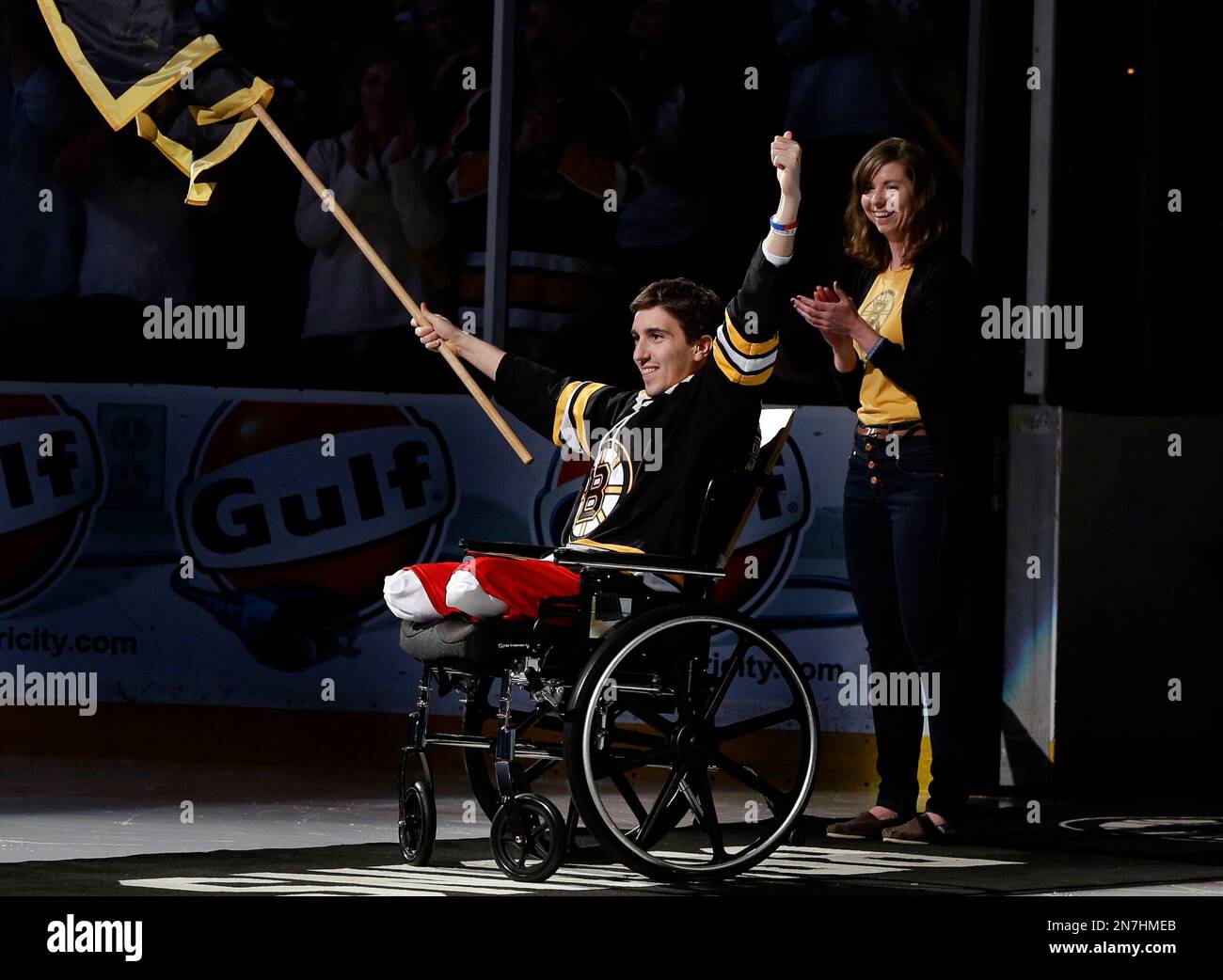 Boston Marathon bombing victim Jeff Bauman gives a thumbs-up to the ...