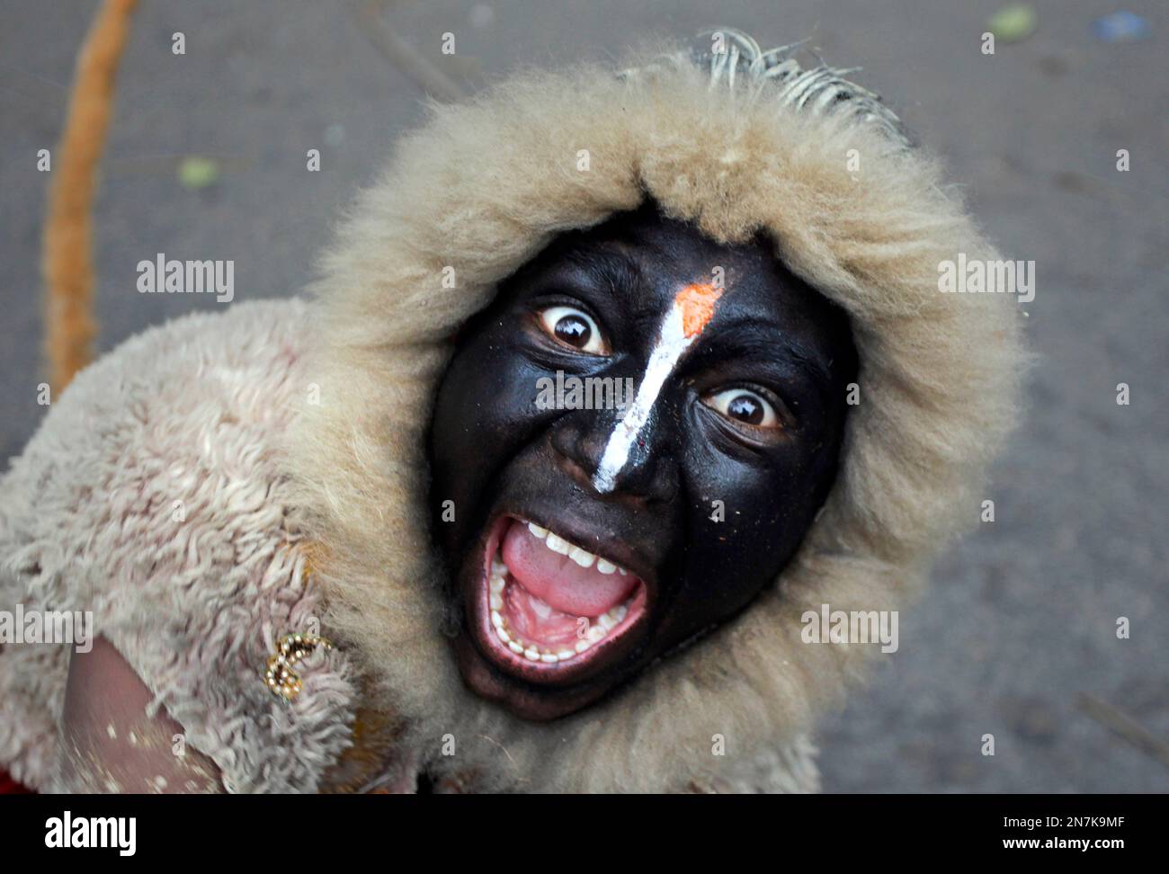 An Indian Hindu devotee dressed as a monkey participates in a religious ...