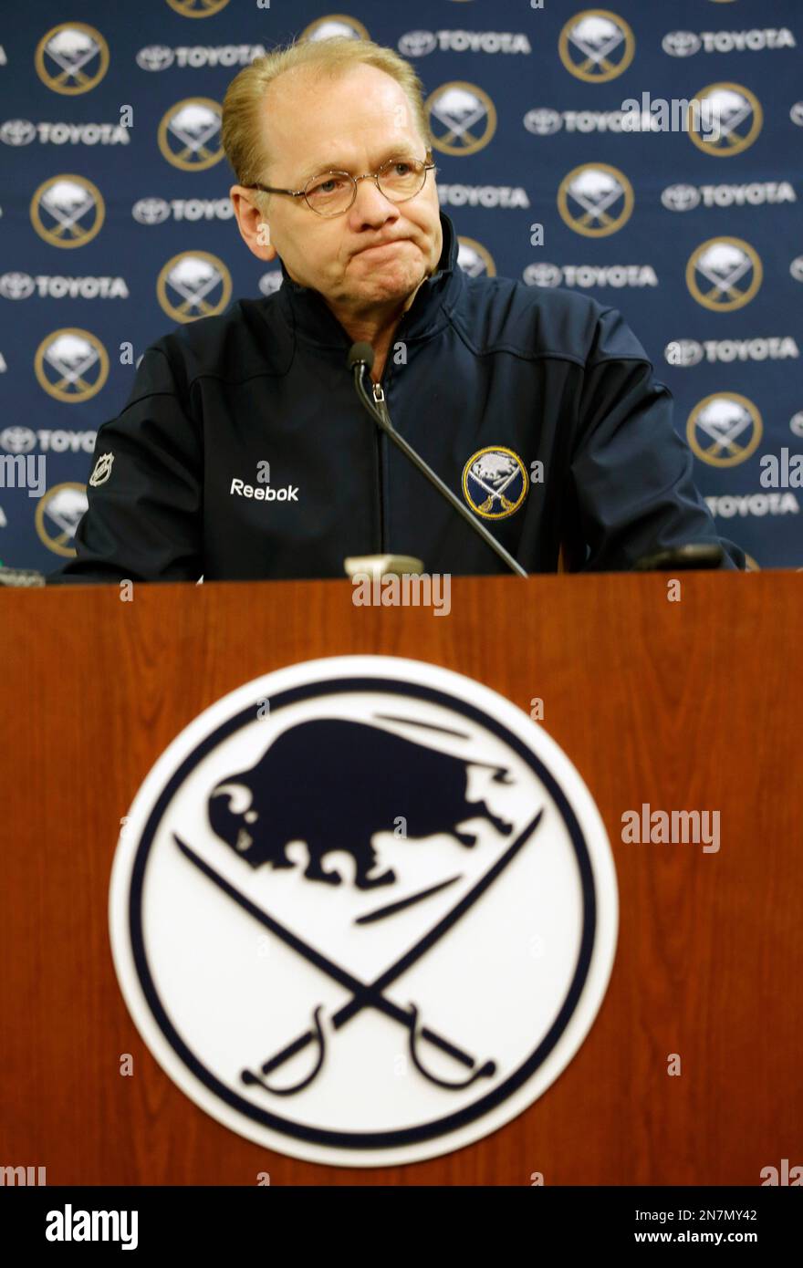 Buffalo Sabres general manager Darcy Regier talks with reporters after ...
